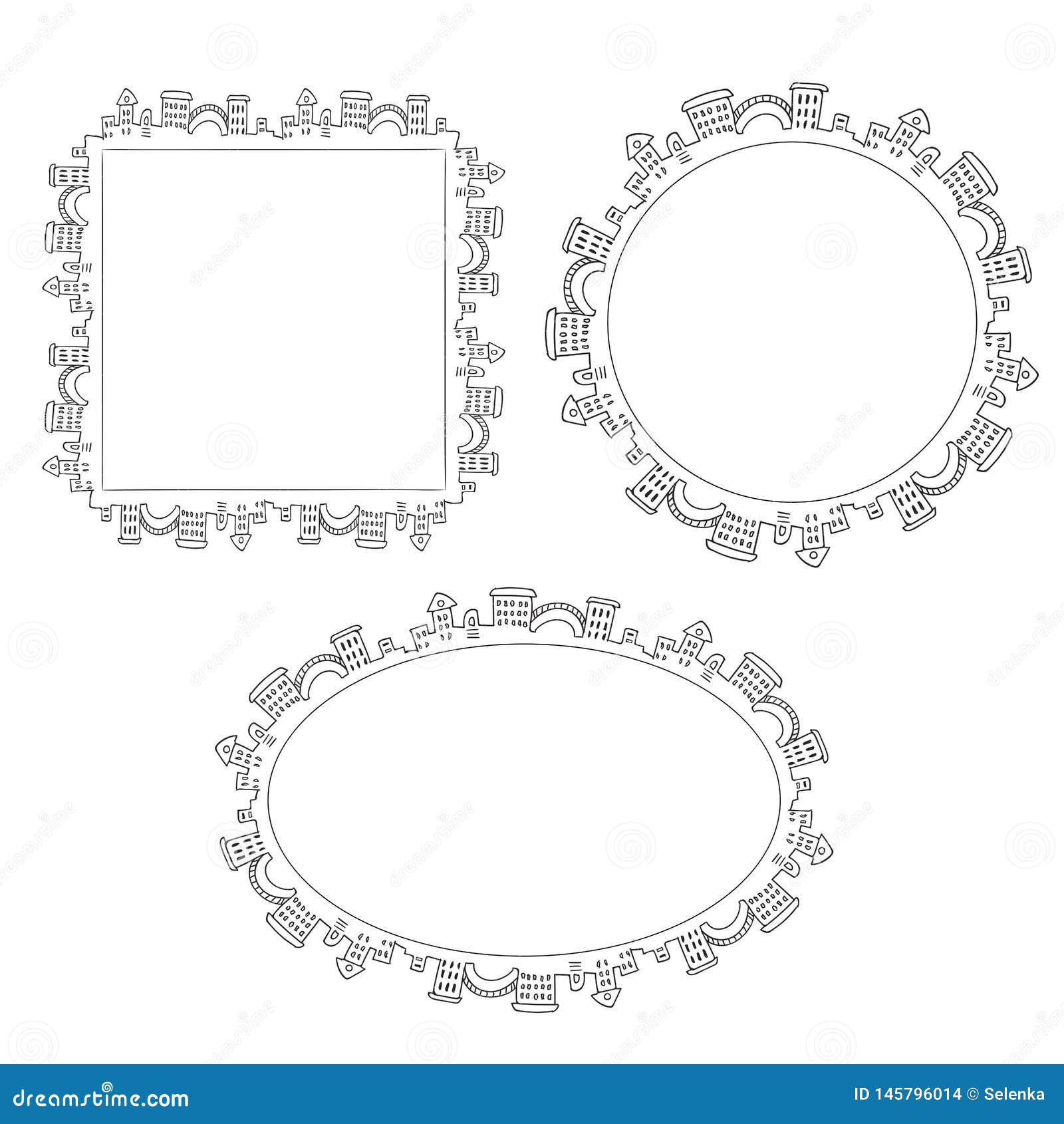 Simple Doodle Frames Set with Old Style City Houses Stock Vector ...