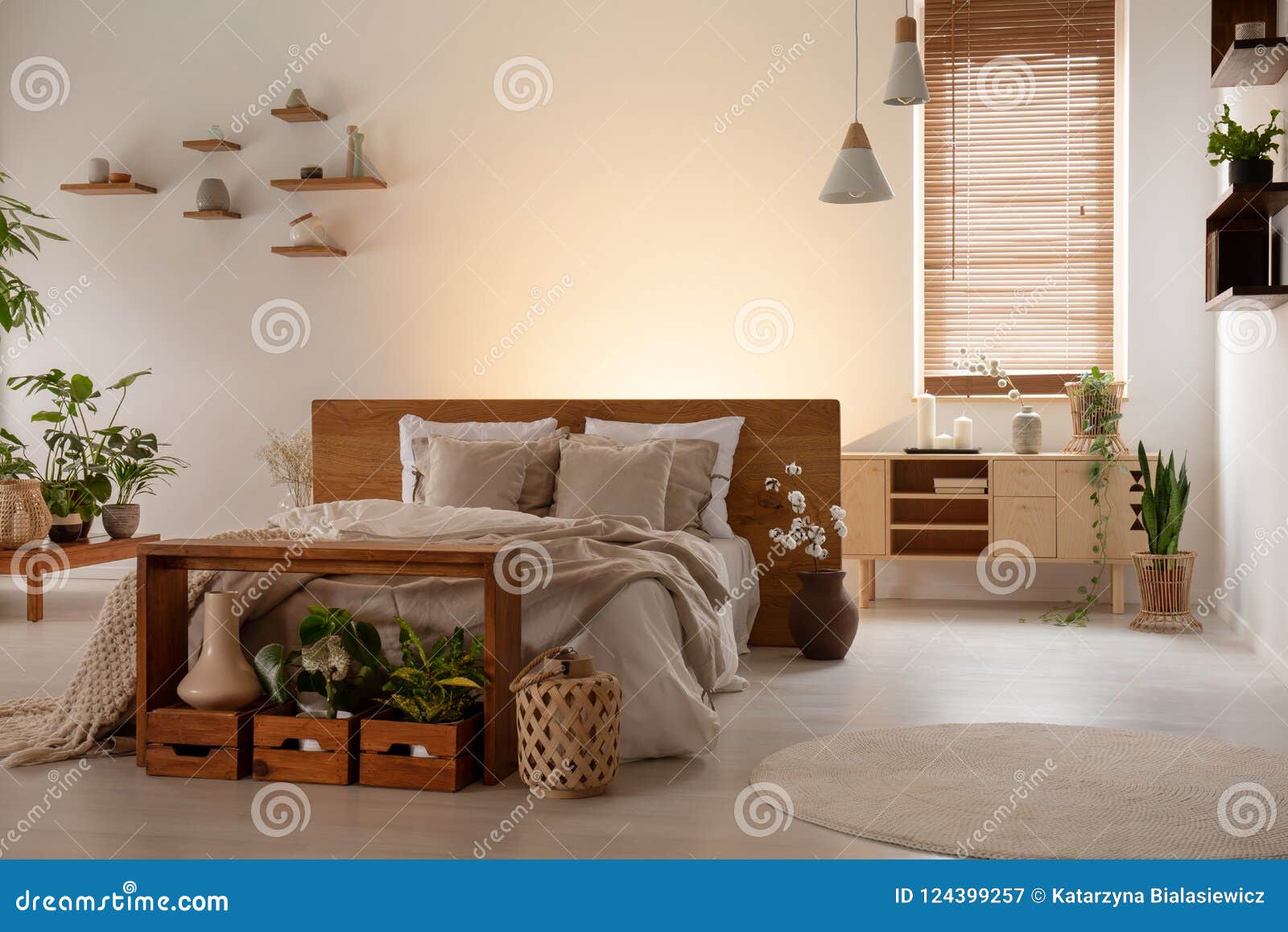 Simple Double Bed, Table, Boxes with Plants, Window Blinds Next Stock ...