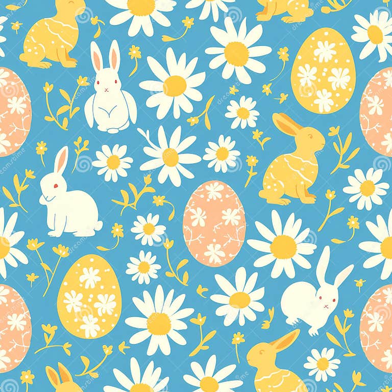 Simple Easter Repeat Pattern, with Rabbits, Daisies, Chicks and Eggs ...