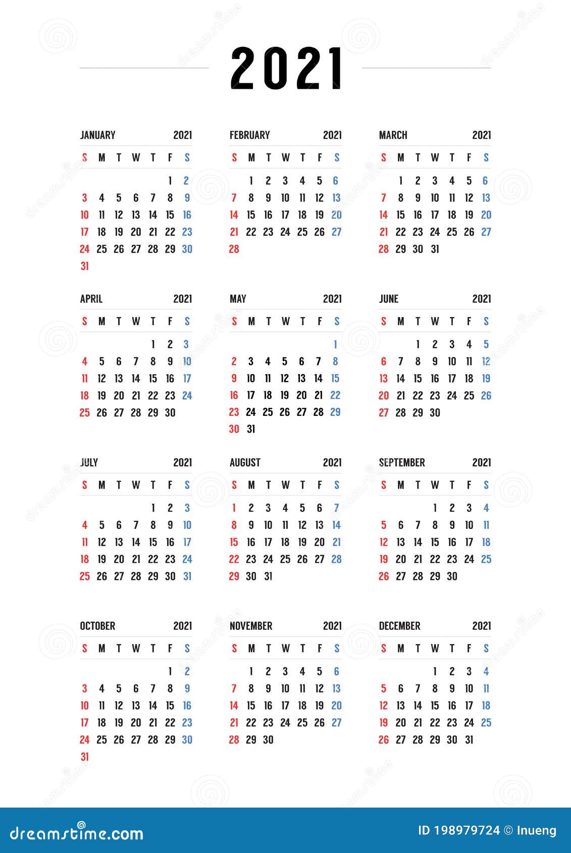 Simple Editable Vector Calendar for Year 2021. Week Starts from Sunday ... Simple Editable Vector Calendar for Year 2021. Week Starts from Sunday ...