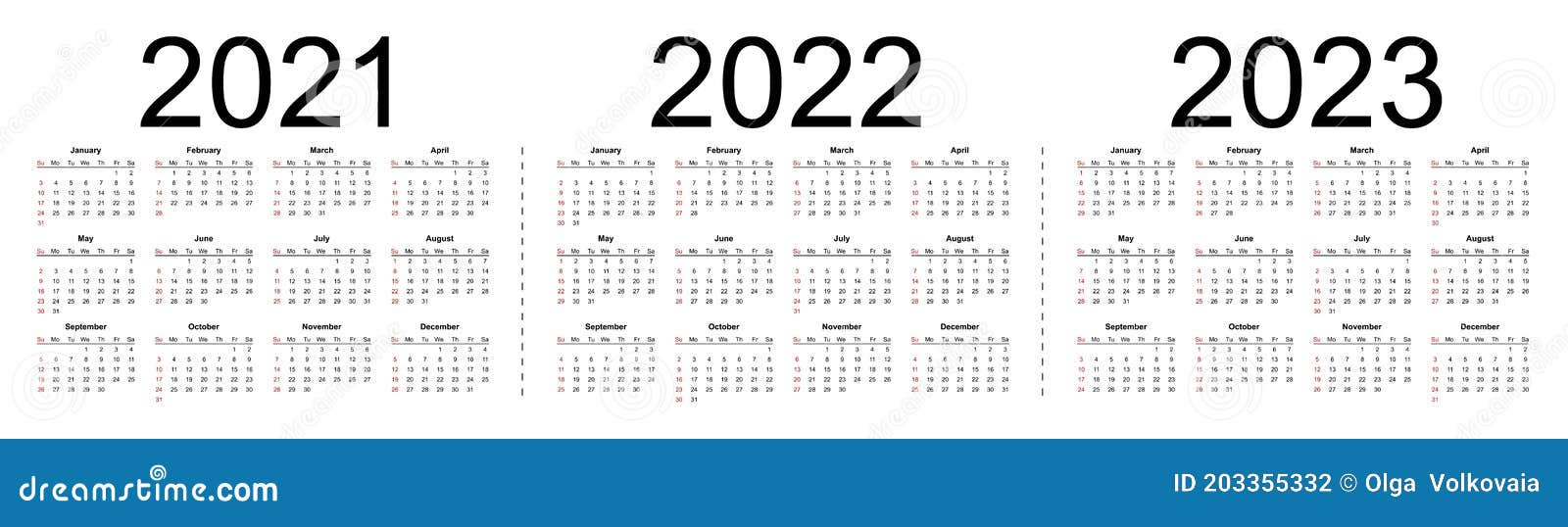 Simple Editable Vector Calendars for Year 2021 2022 2023. Week Starts ...