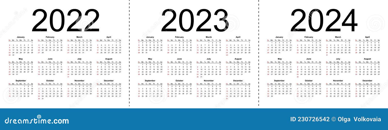 Simple Editable Vector Calendars for Year 2022 2023 2024. Week Starts ...