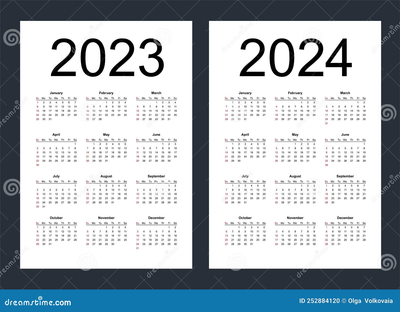 Simple Editable Vector Calendars for Year 2023, 2024. Week Starts from ...