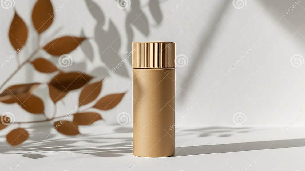 Stylish Beige Container Standing on a White Surface with Delicate Leaf ...