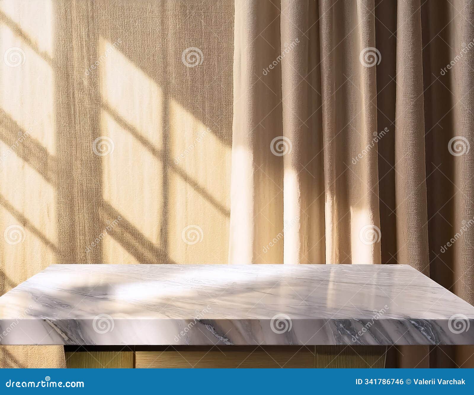 Minimalist 3D Render: White Marble Table with Draped Curtains and Beige ...