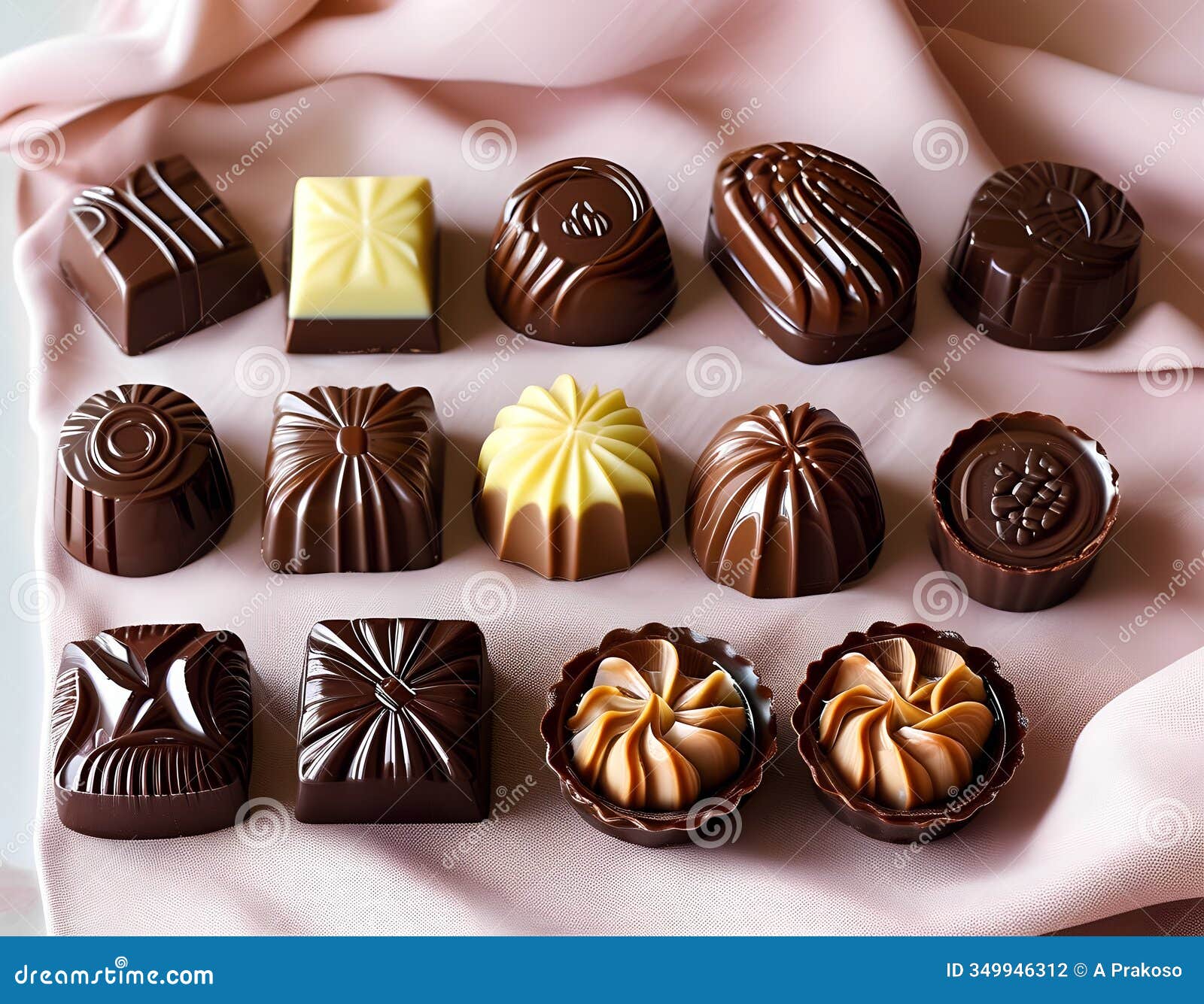 Grid Layout of Chocolates with Unique Fillings on Pastel Pink Cloth ...