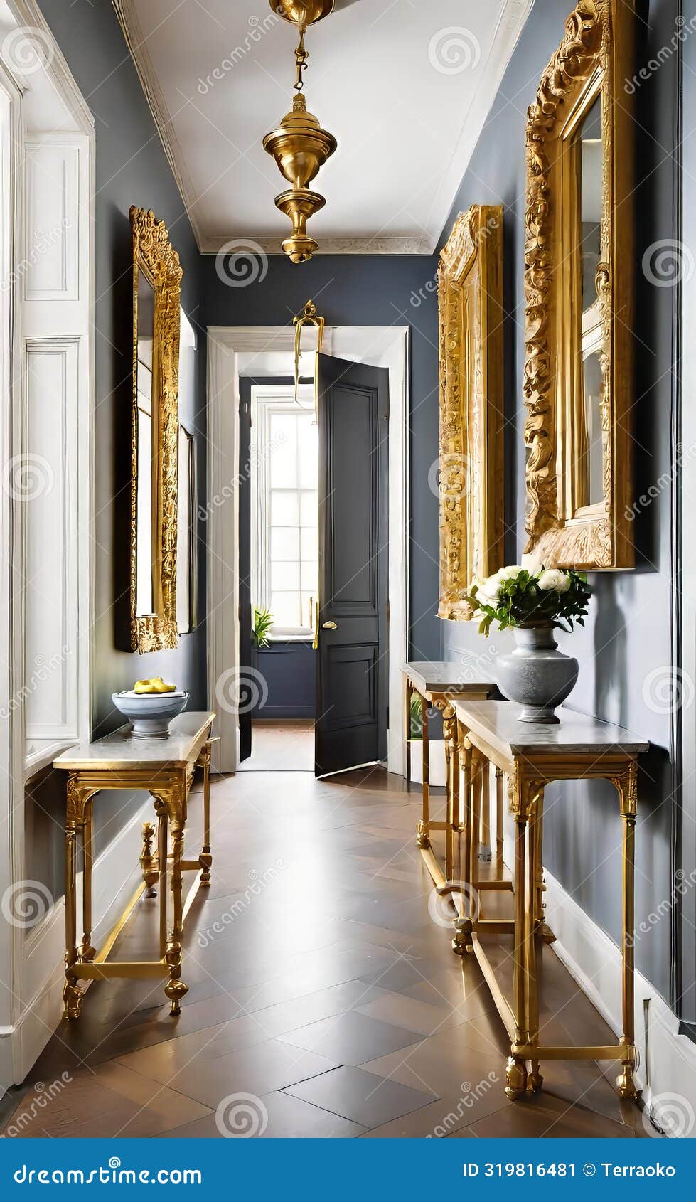 Simple Elegant Hallway with Two Tall Rectangular Golden Decorative ...