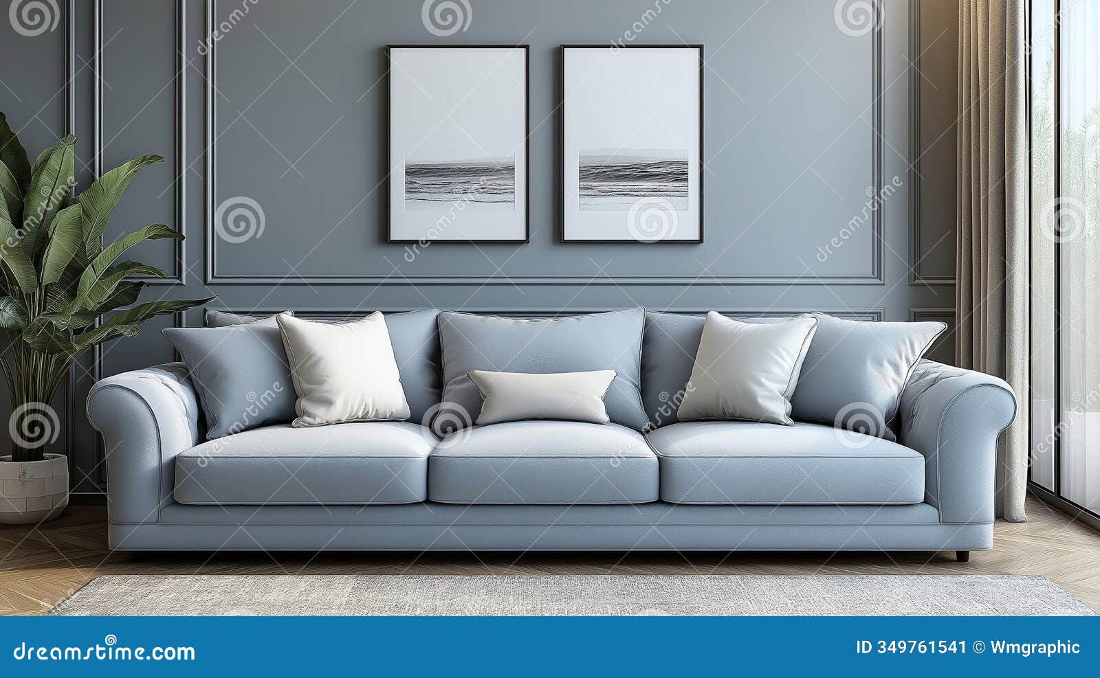 A Simple and Elegant Light Blue Three-seater Sofa in the Living Room ...