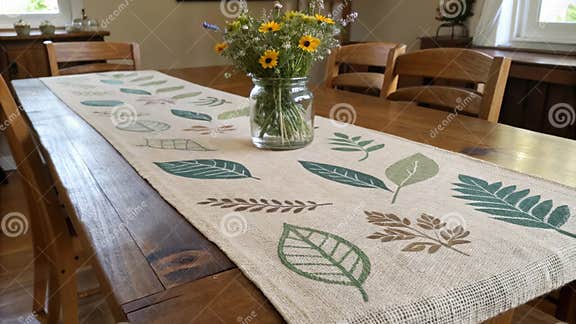 A Simple yet Elegant Table Runner Made from Burlap with Stenciled Leaf ...