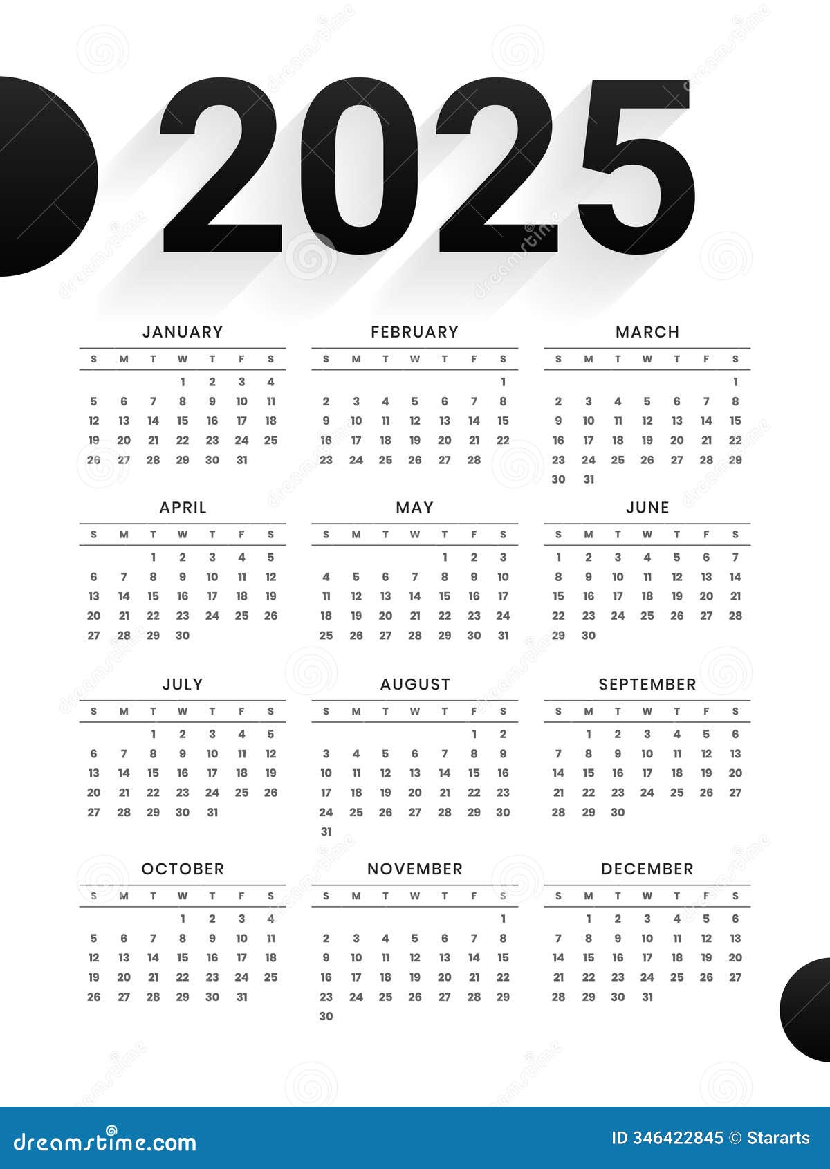 Simple 2025 English Calendar Layout in White and Black Stock Vector ...