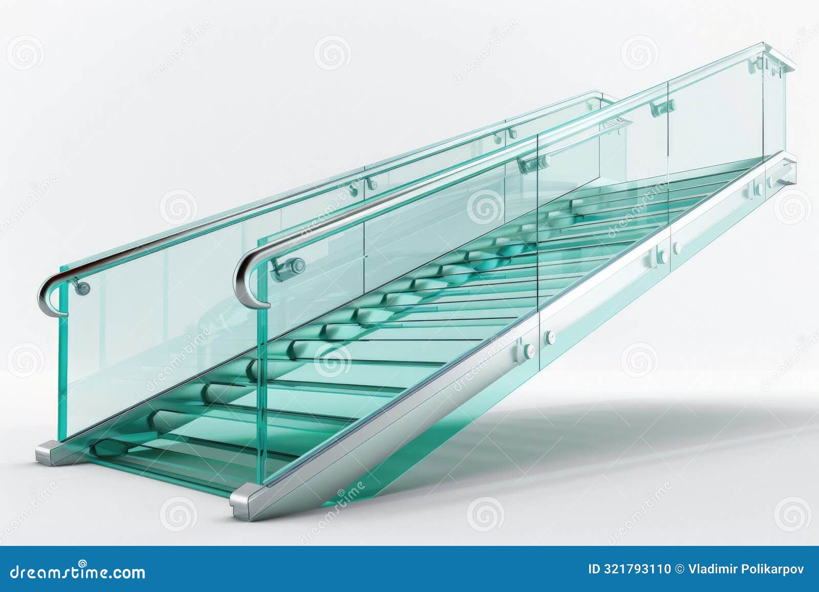 A Simple Escalator with Clear Glass Railings Against a White Background ...