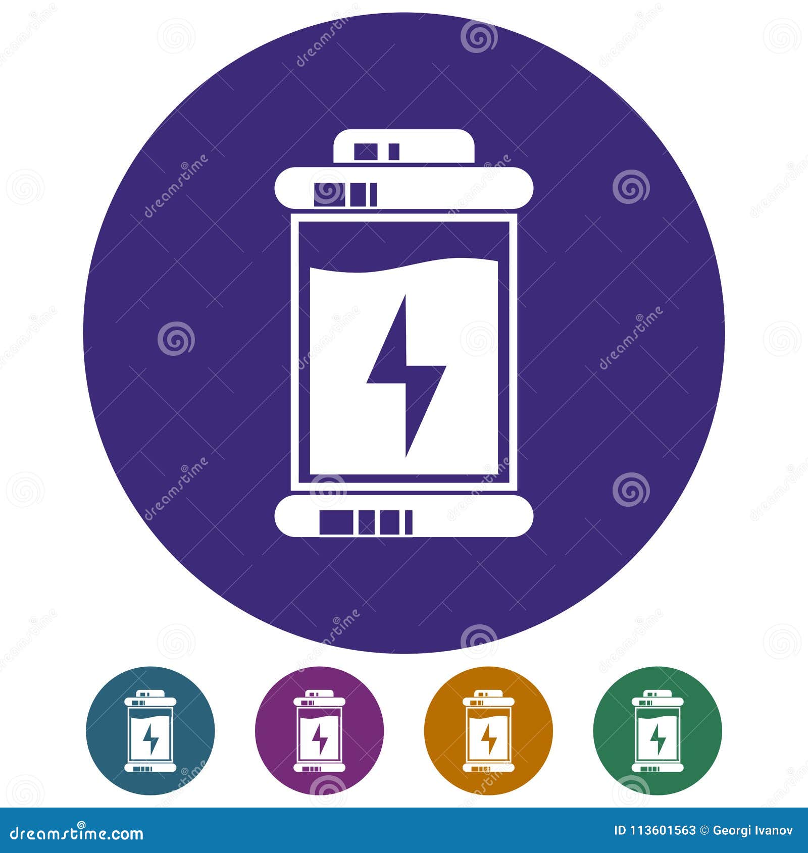 Simple, Flat, Circular Battery White Icon. Five Color Variations ...