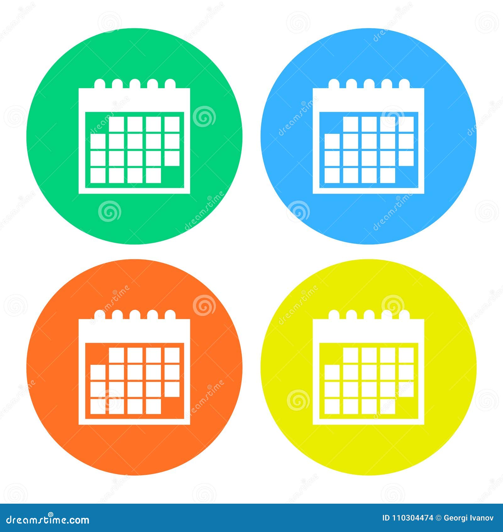 Simple, Flat, Circular Calendar Icon. White Silhouette. Four Colour ...