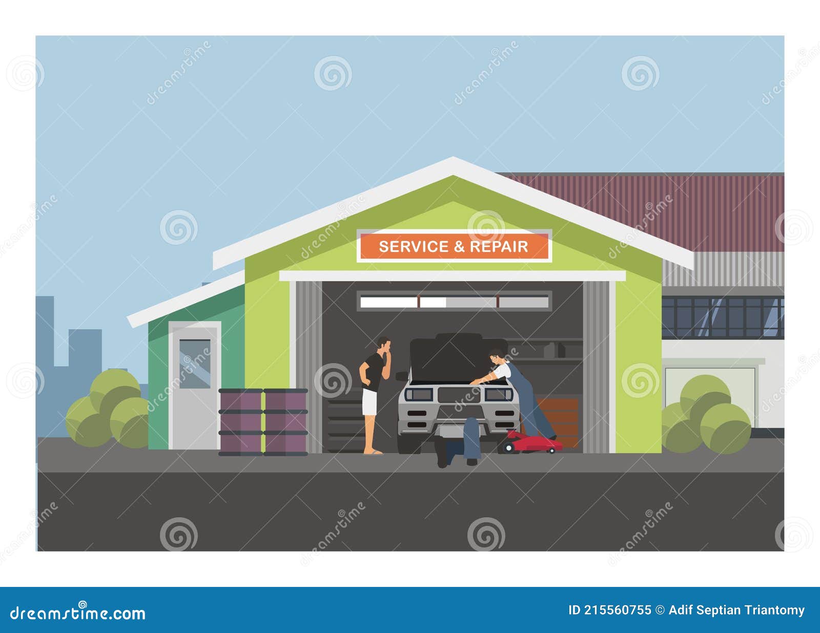Activity in a Car Workshop Building. Simple Flat Illustration Stock ...