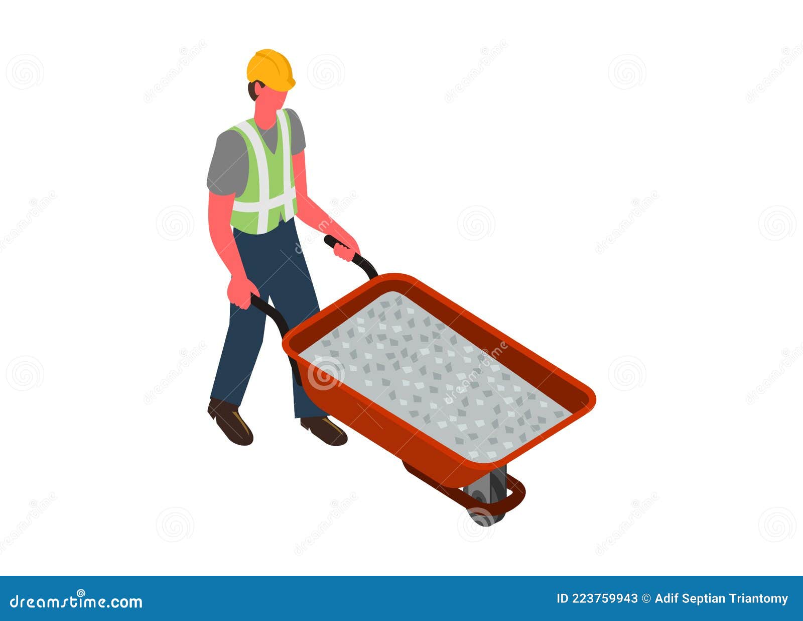 Construction Worker Pushing Trolley in Isometric View. Simple Flat ...