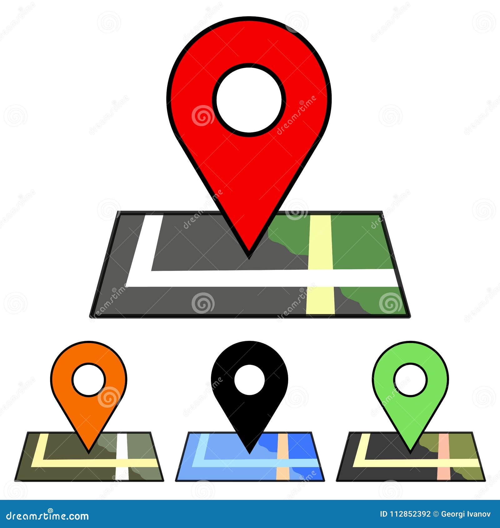 Simple, Flat Map Location on Top of a Map Icon. Four Color Variations ...