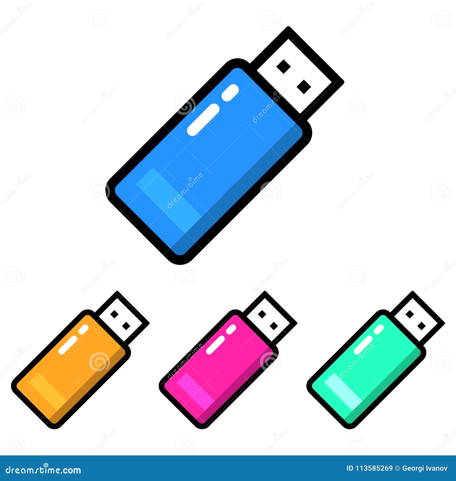 Simple, Flat USB/flash Drive Icon. Four Color Variations. Isolated on ...