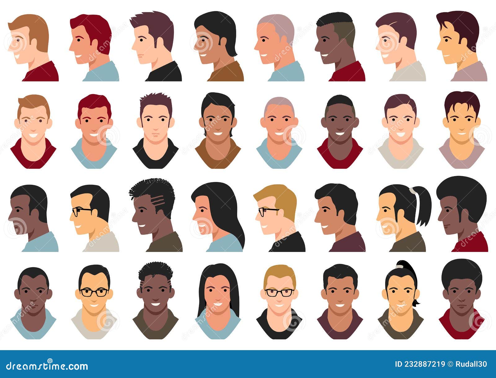 Set Guy Head Avatar Front Side View Male African American Character ...