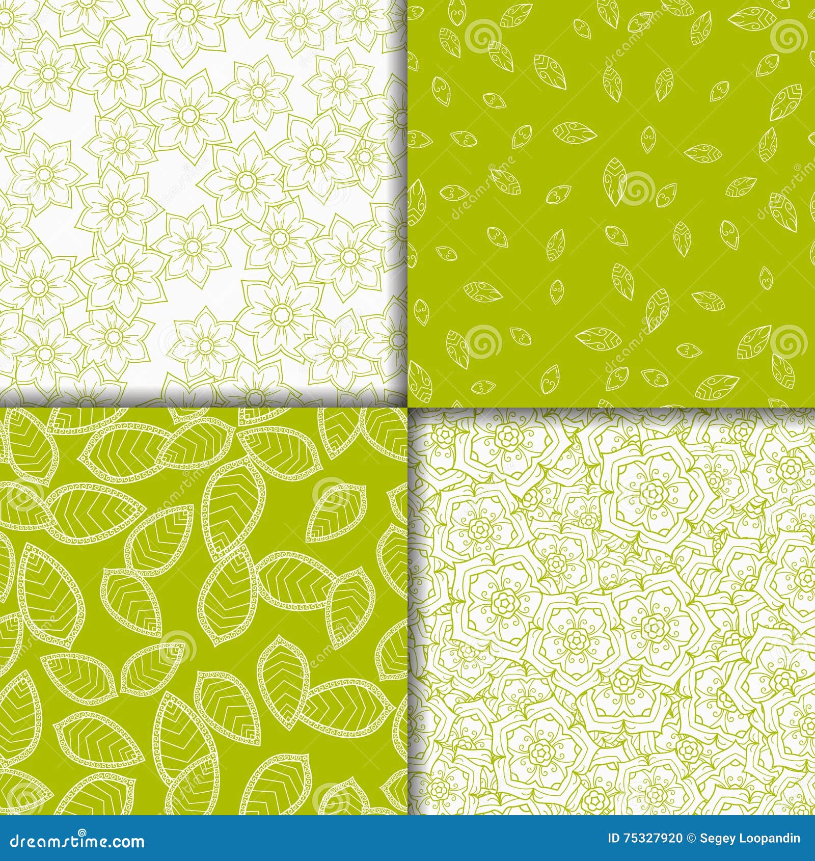 Simple Floral Light Green and White Seamless Patterns Set. Stock ...