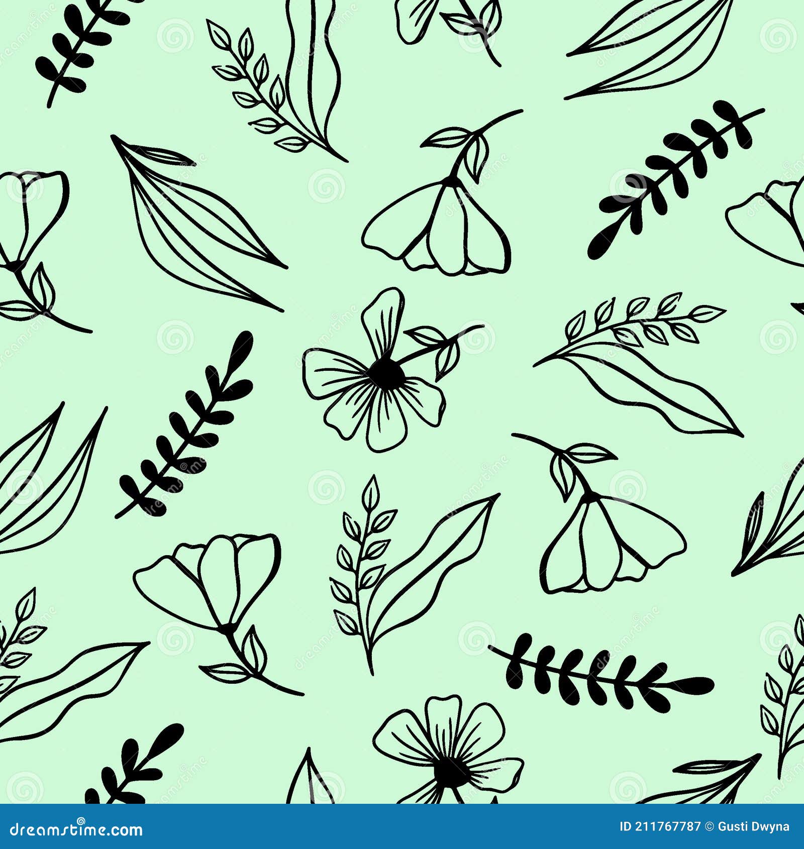 Simple Flower Line Art Seamless Pattern with Light Green Background ...