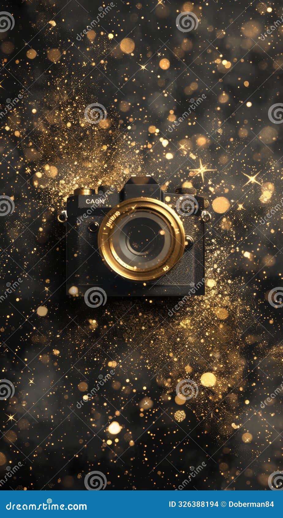 Golden Camera Icon Surrounded by Sparkling Golden Glitters on a Dark ...