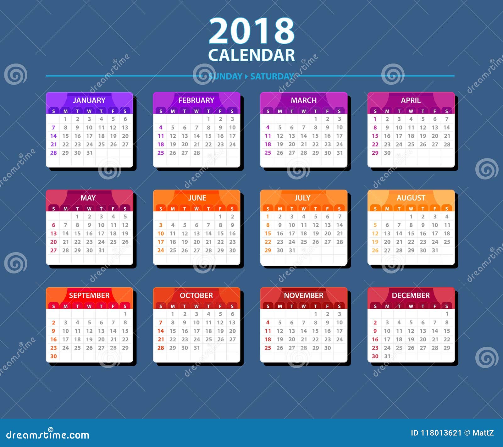 Simple Graphic CALENDAR 2018, Red, Orange,violet Colors Stock Vector ... Simple Graphic CALENDAR 2018, Red, Orange,violet Colors Stock Vector ...