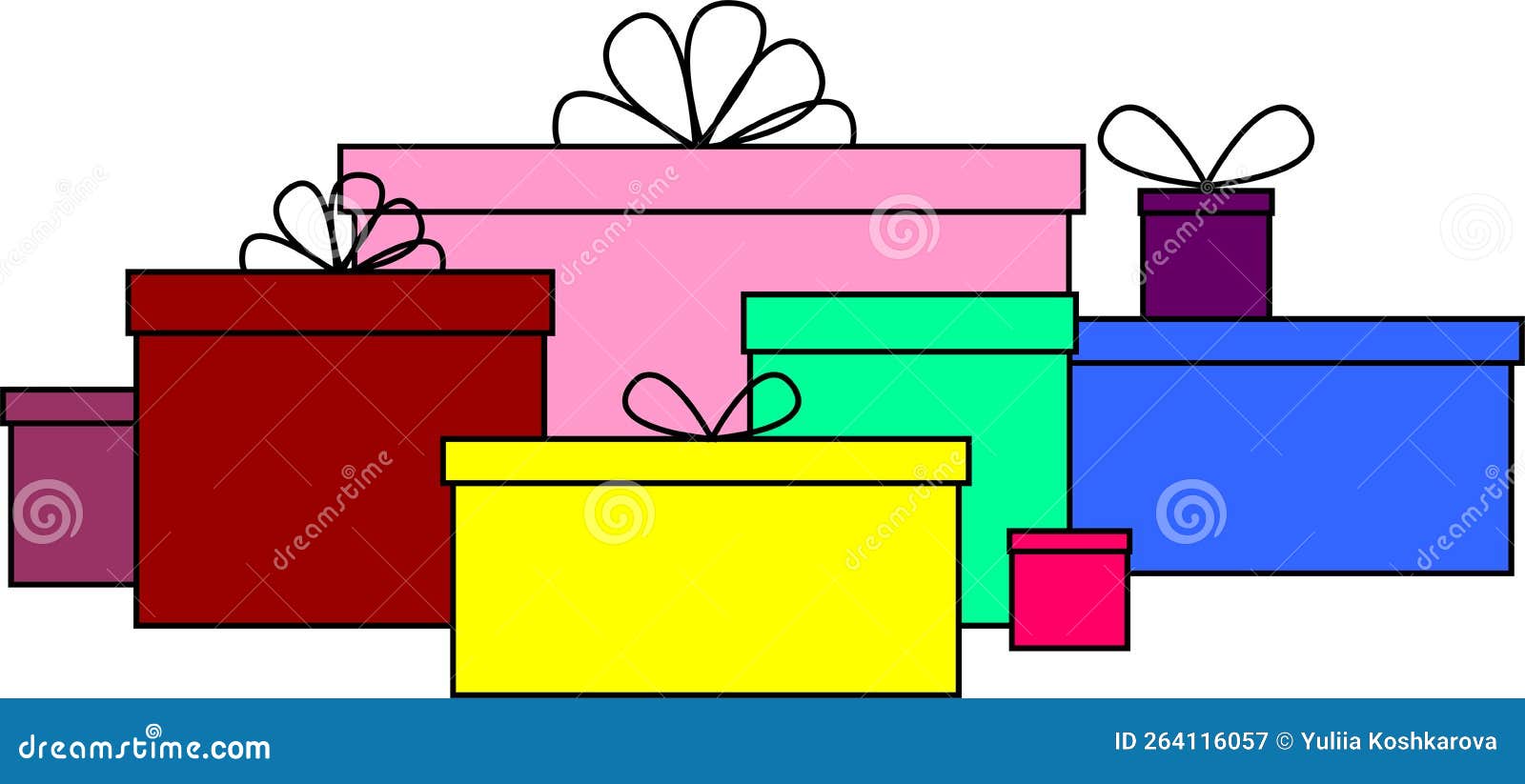 Simple Graphic Drawing of Multicolored Gift Boxes with Black Outline in ...