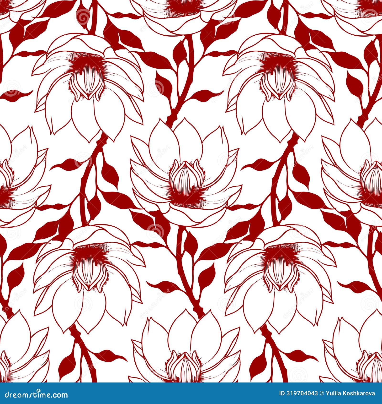 Simple Graphic Seamless Pattern of Red Magnolia Flowers on a White ...