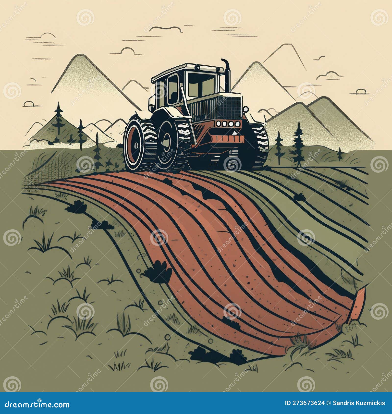A Simple Graphic for a Tractor in a Tilled Field. Generative AI Stock ...