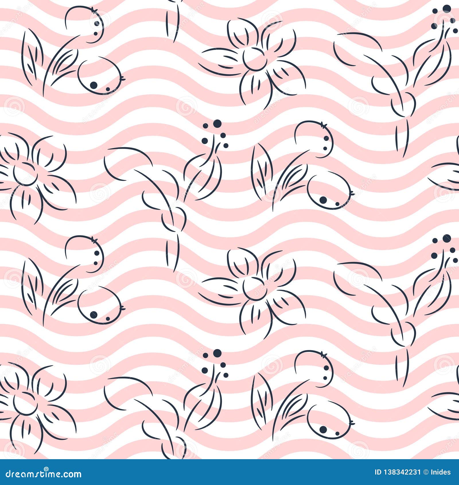 Simple Hand Drawn Flower Pattern and Pink Wavy Lines Vector Design ...