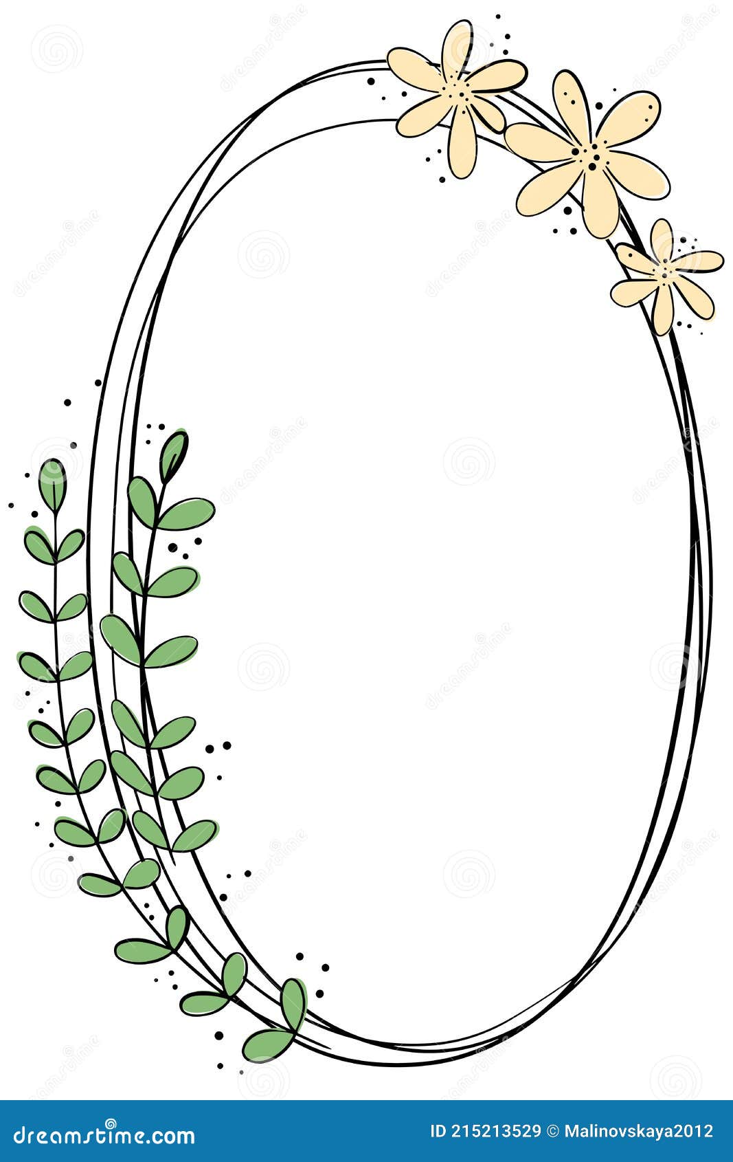 Simple Hand Drawn Oval Frame. Hand-drawn Frame with Flowers and Leaves ...