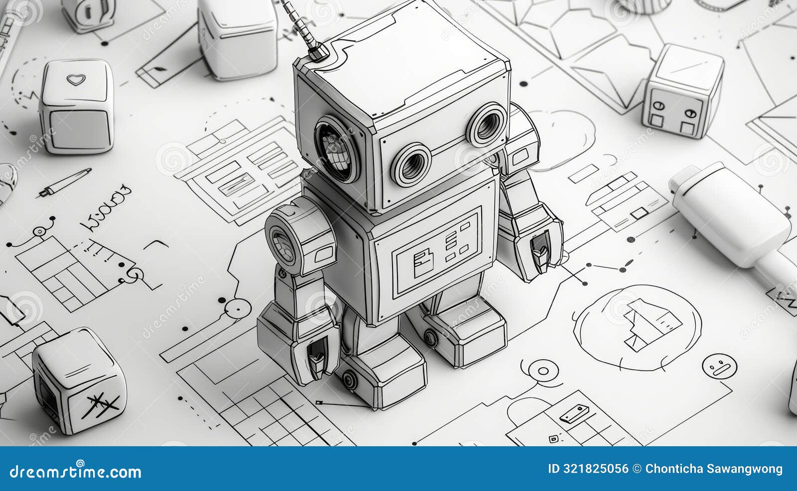 A Simple, Hand-drawn Robot Stands on a Blueprint. the Robot is Made of ...