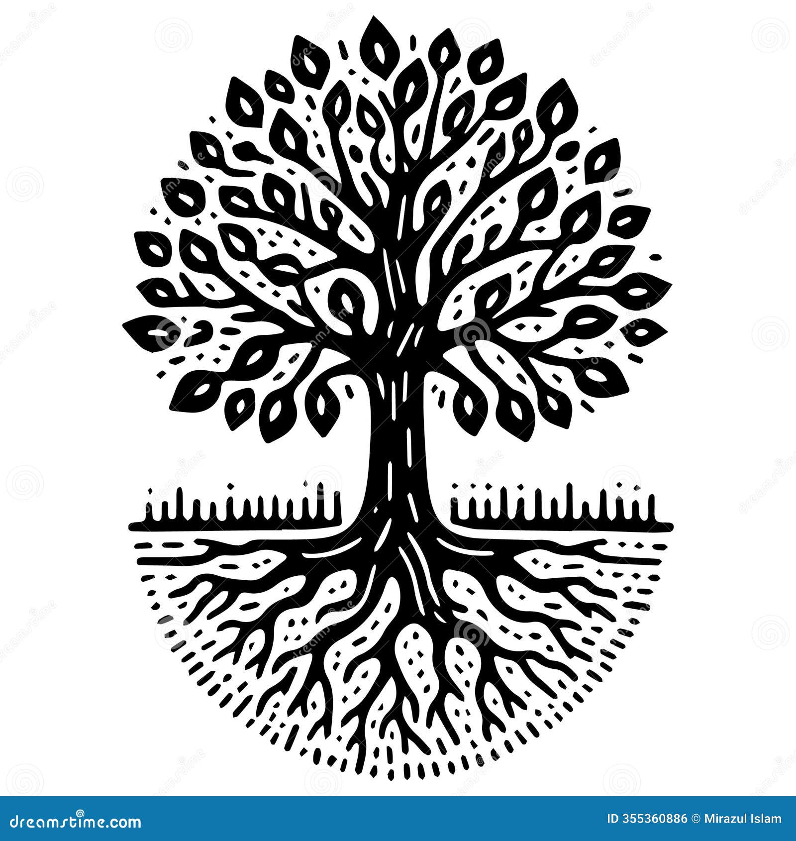 Simple Hand Drawn Tree with Roots Flat Vector Illustration Linocut ...