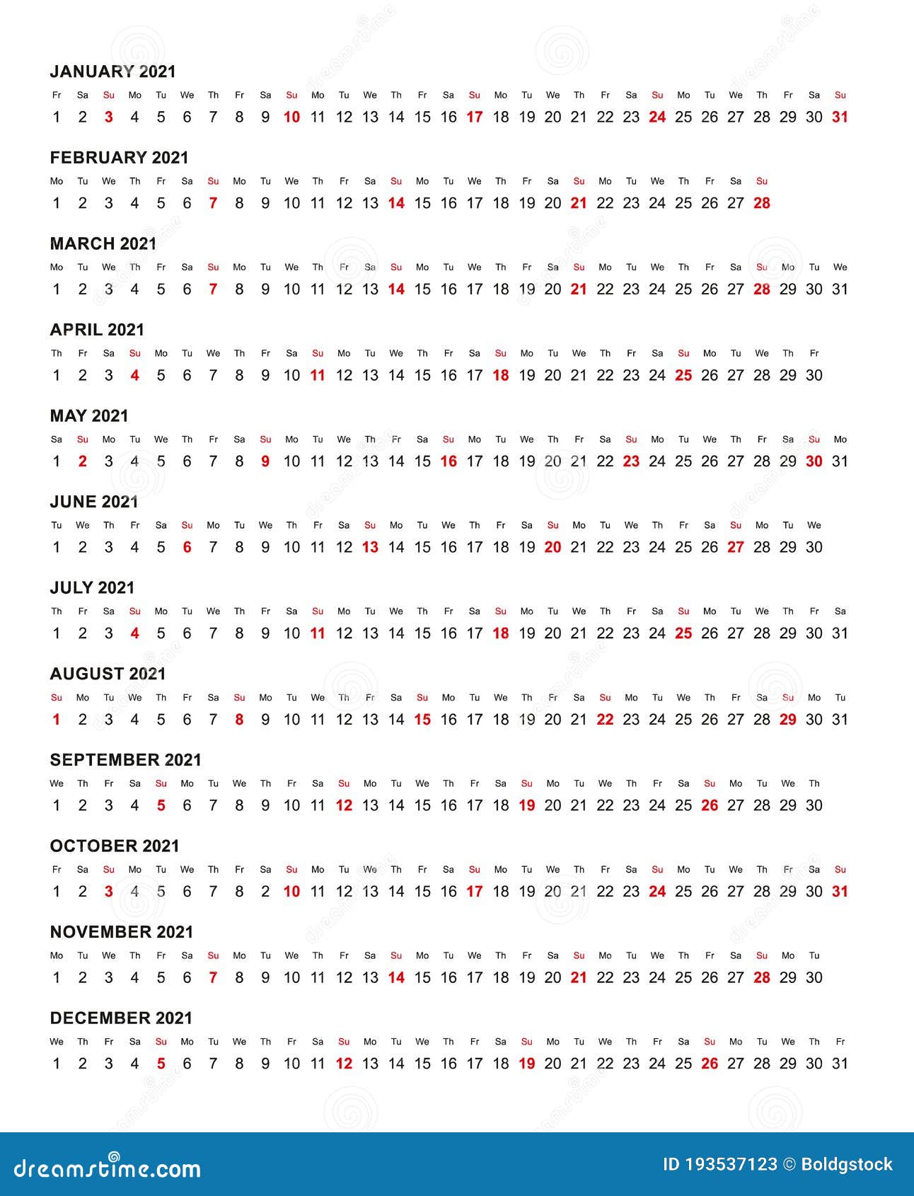 Simple Horizontal Calendar Template Year 2021 Stock Vector ...