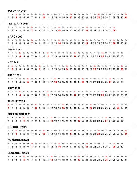 Simple Horizontal Calendar Template Year 2021 Stock Vector ...
