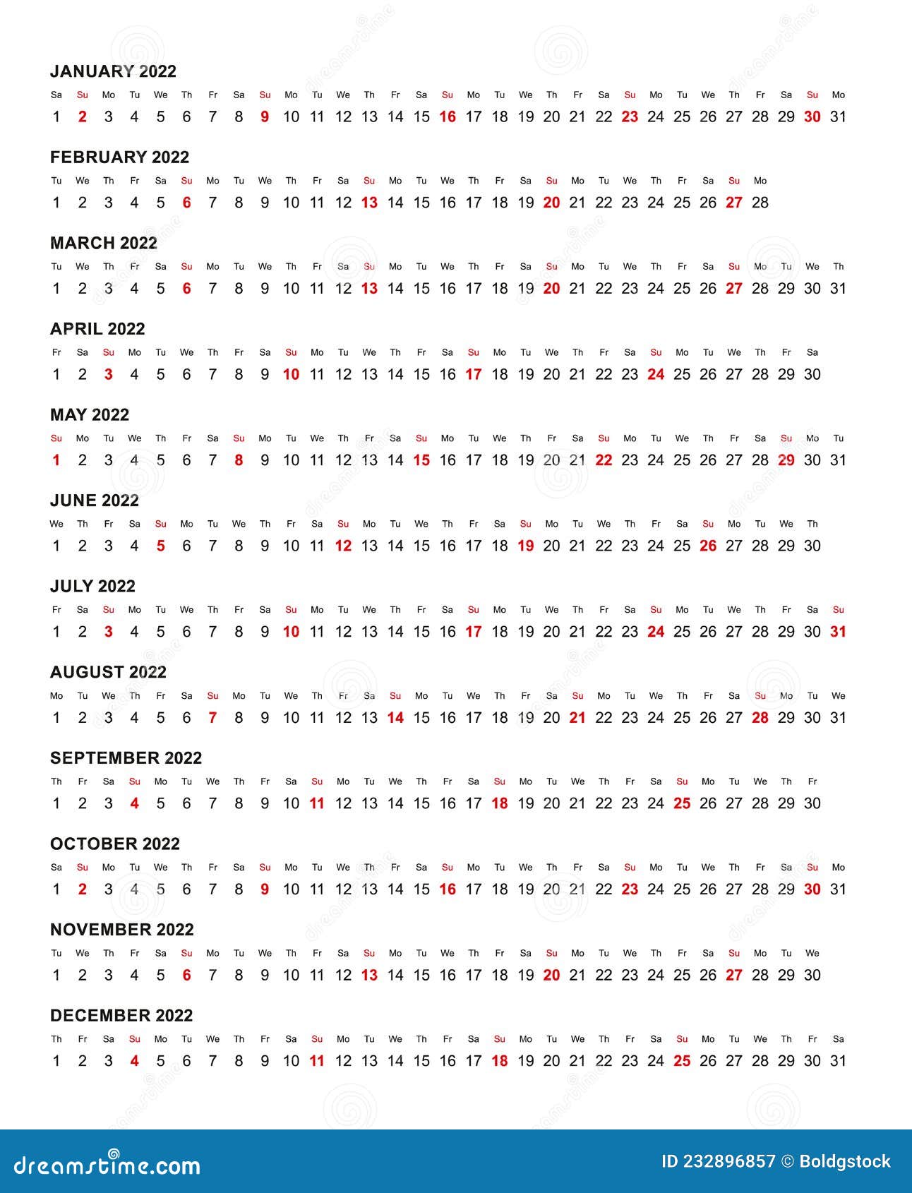 Simple Horizontal Calendar Template Year 2022 Stock Vector ...