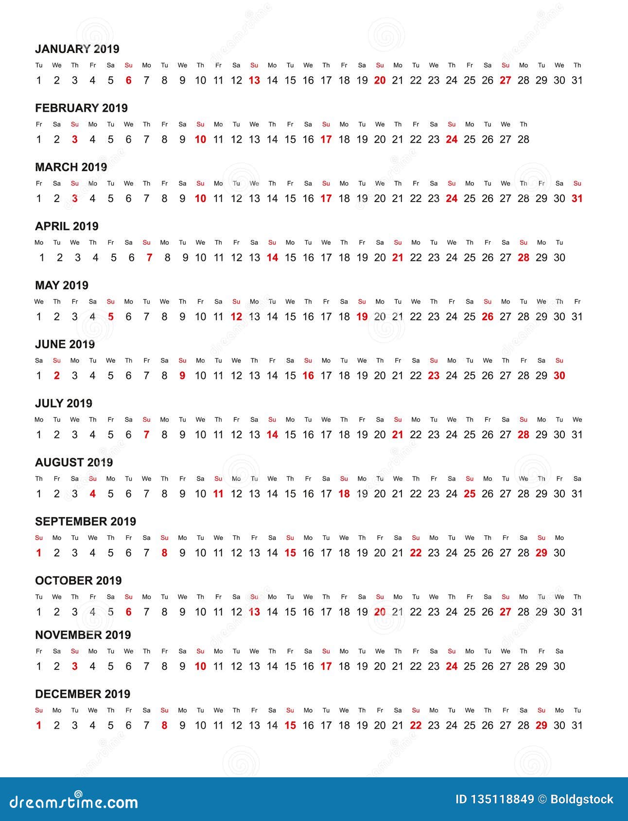 Simple Horizontal Calendar Template Year 2019 Stock Vector ...