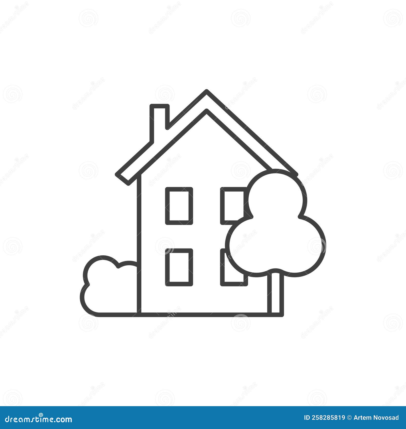 A Simple Icon of a Two-storey House with a Tree and a Bush. a Linear ...