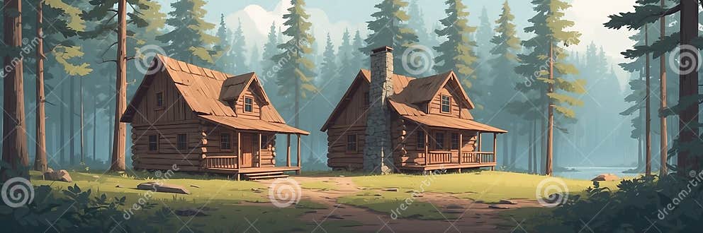 Simple Illustration Background of a Rustic Cabin in a Forest Clearing ...