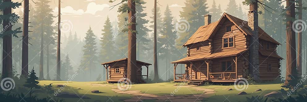 Simple Illustration Background of a Rustic Cabin in a Forest Clearing ...