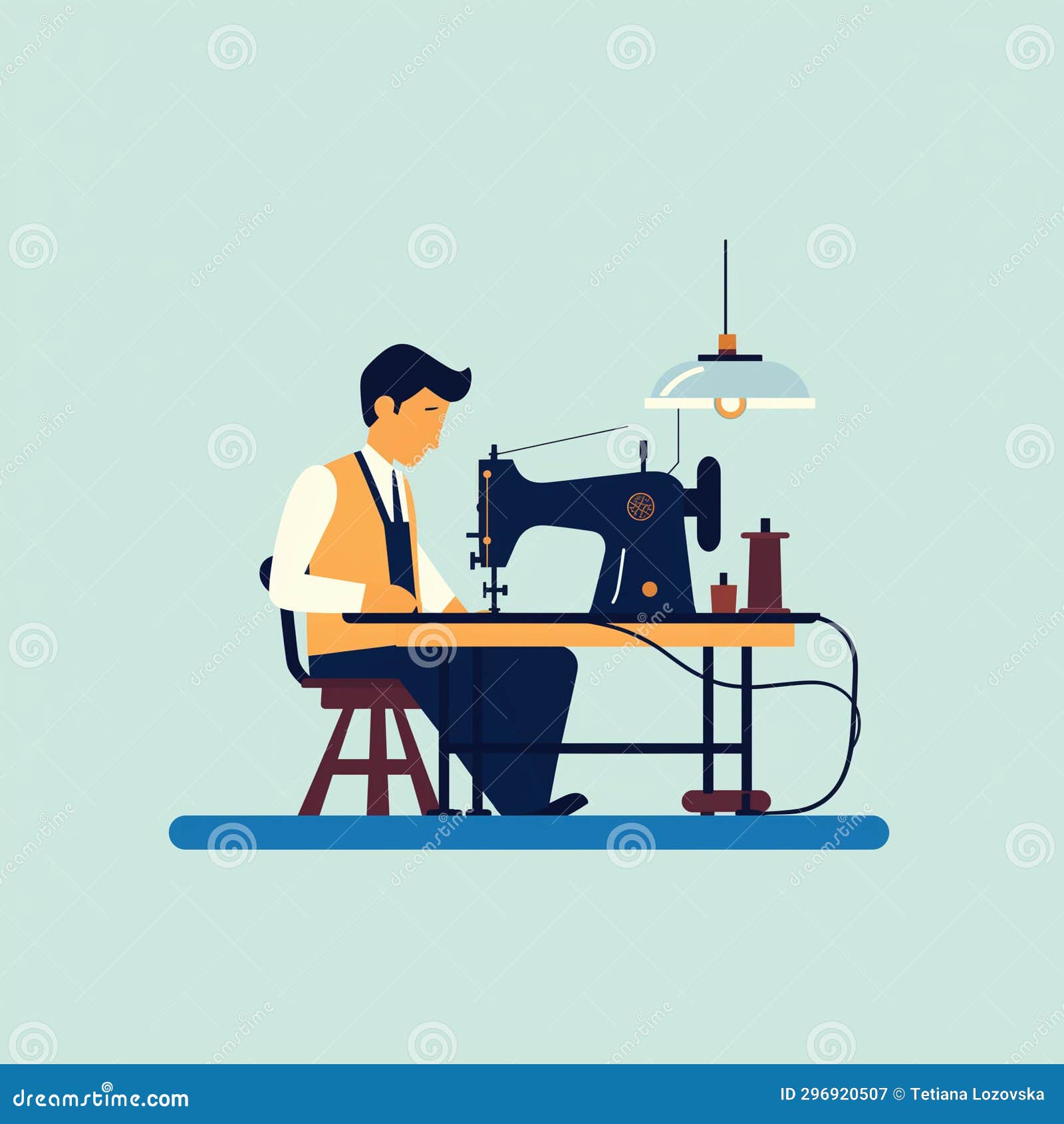 A Simple Illustration of a Tailor with a Sewing Machine. Flat Clean ...