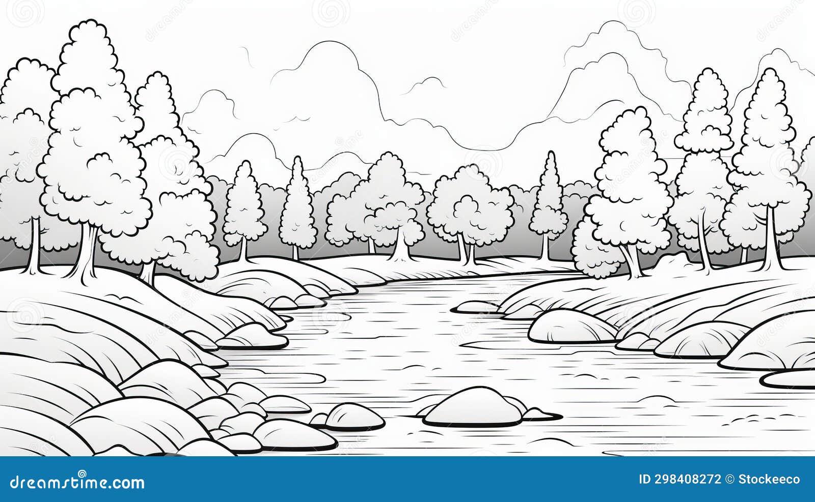 Simple Landscape Coloring Page with Tree, Forest, Rocks, and River ...