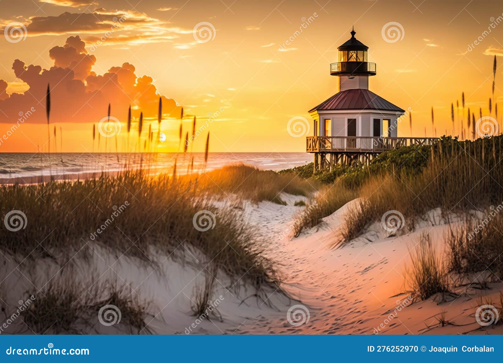 A Simple Lighthouse Near the Sea, White Sand at Sunset. Ai Generated ...