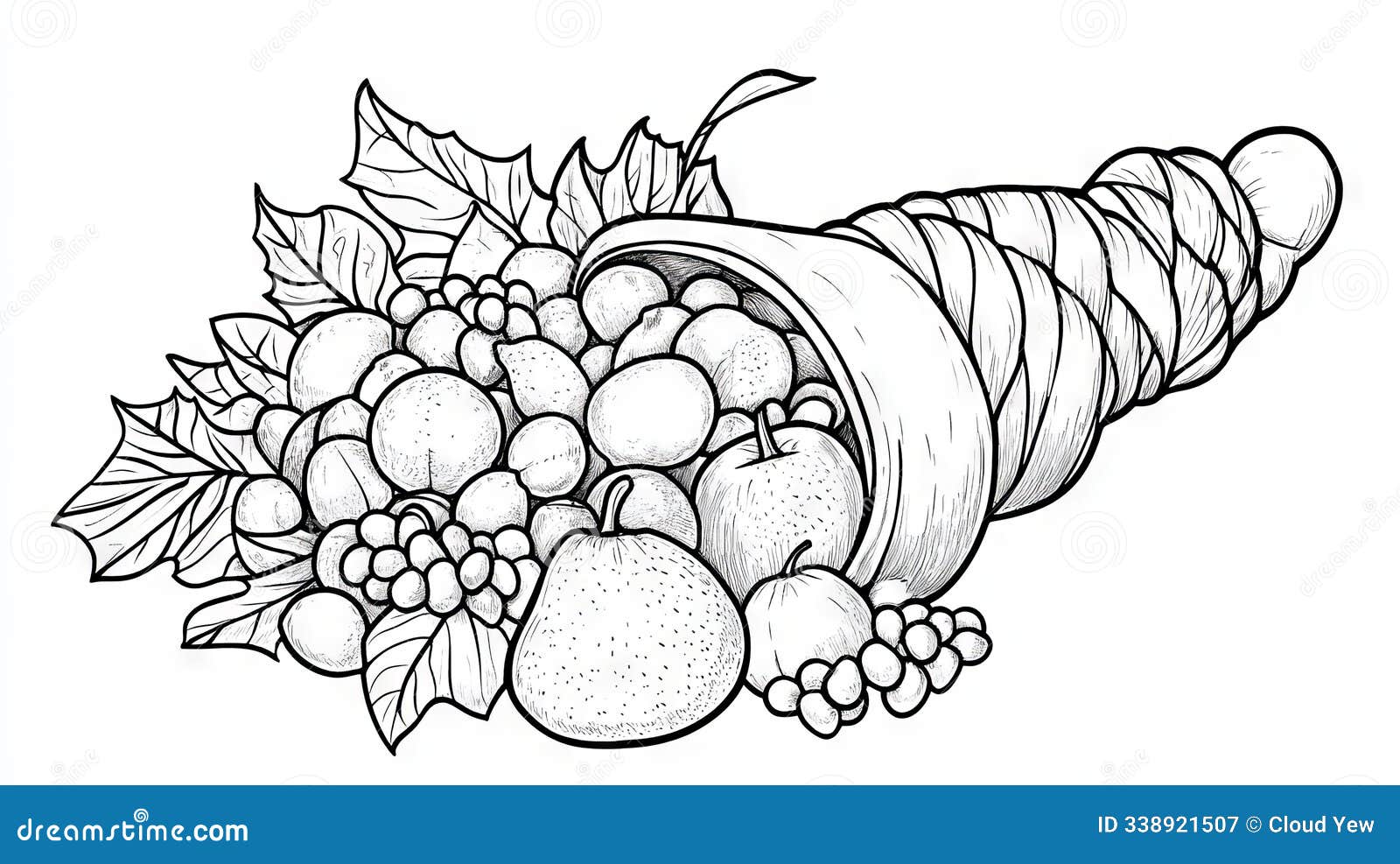 Simple Line Drawing of a Cornucopia Filled with Basic Fruits Stock ...