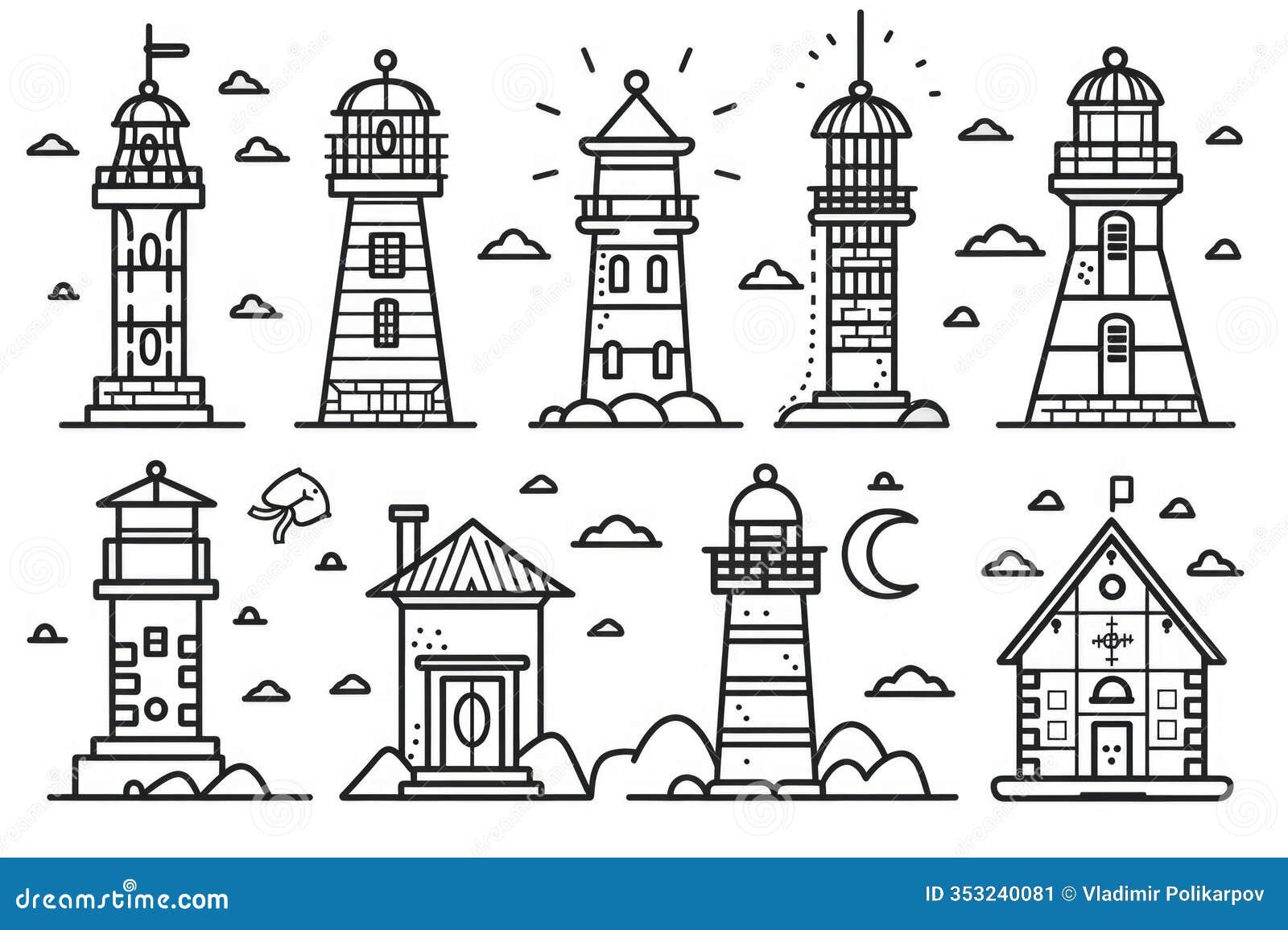 Simple Line Drawing of Lighthouses and Houses, Suitable for Various ...