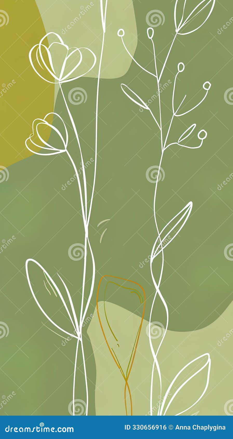 Simple Line Drawing of Lilies on Sage Green Background, Flat Design ...