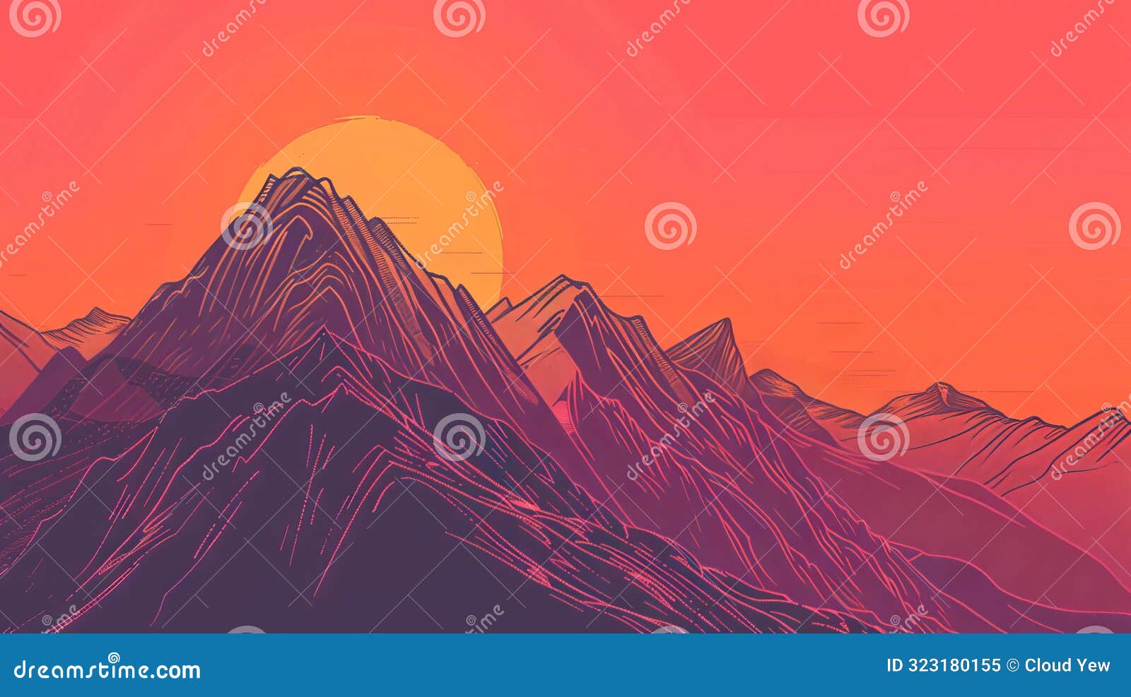 Simple Line Drawing of a Mountain Range Against a Sunset Sky Stock ...