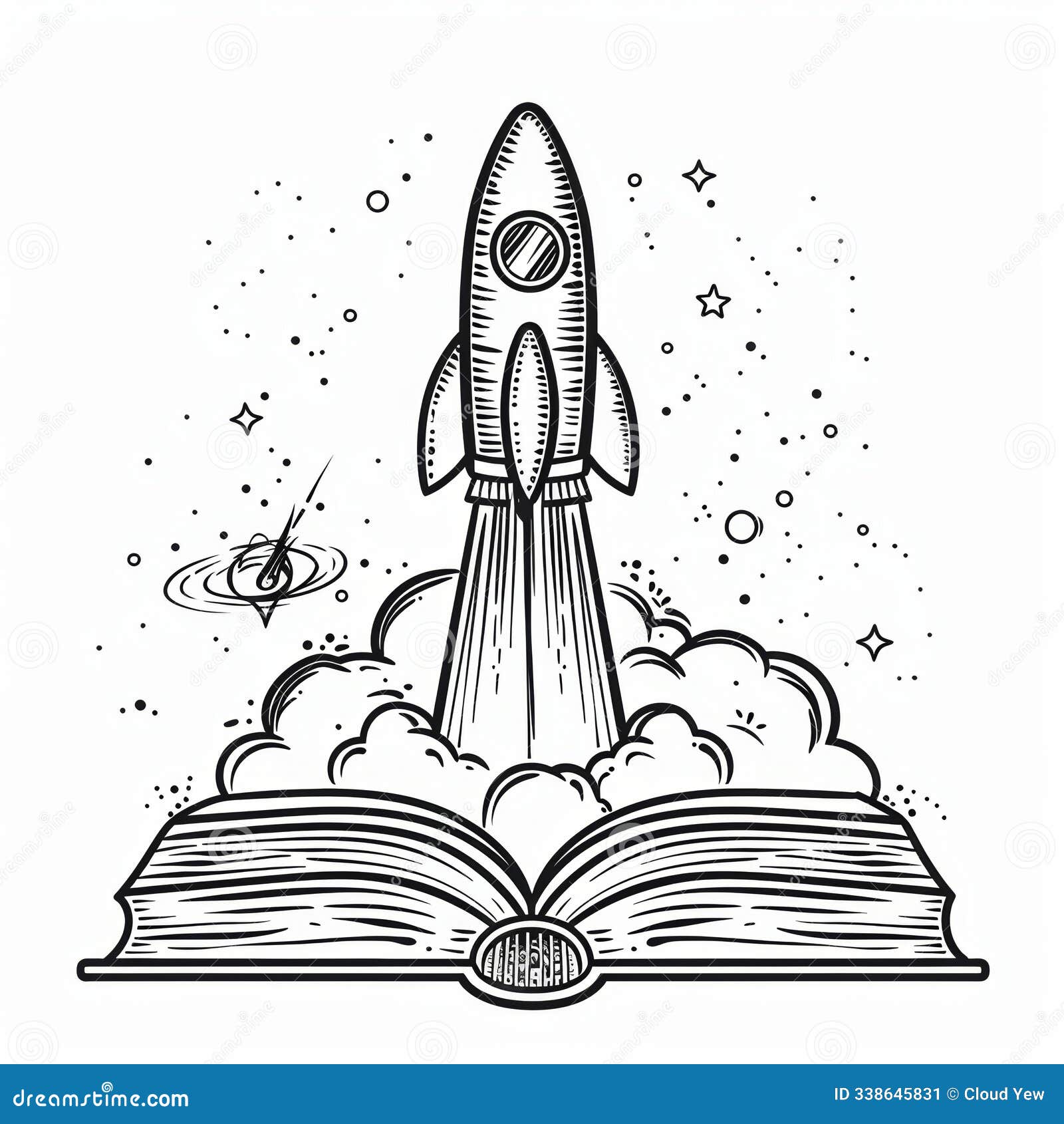 Simple Line Drawing of a Rocket Launching from a Book. Stock ...