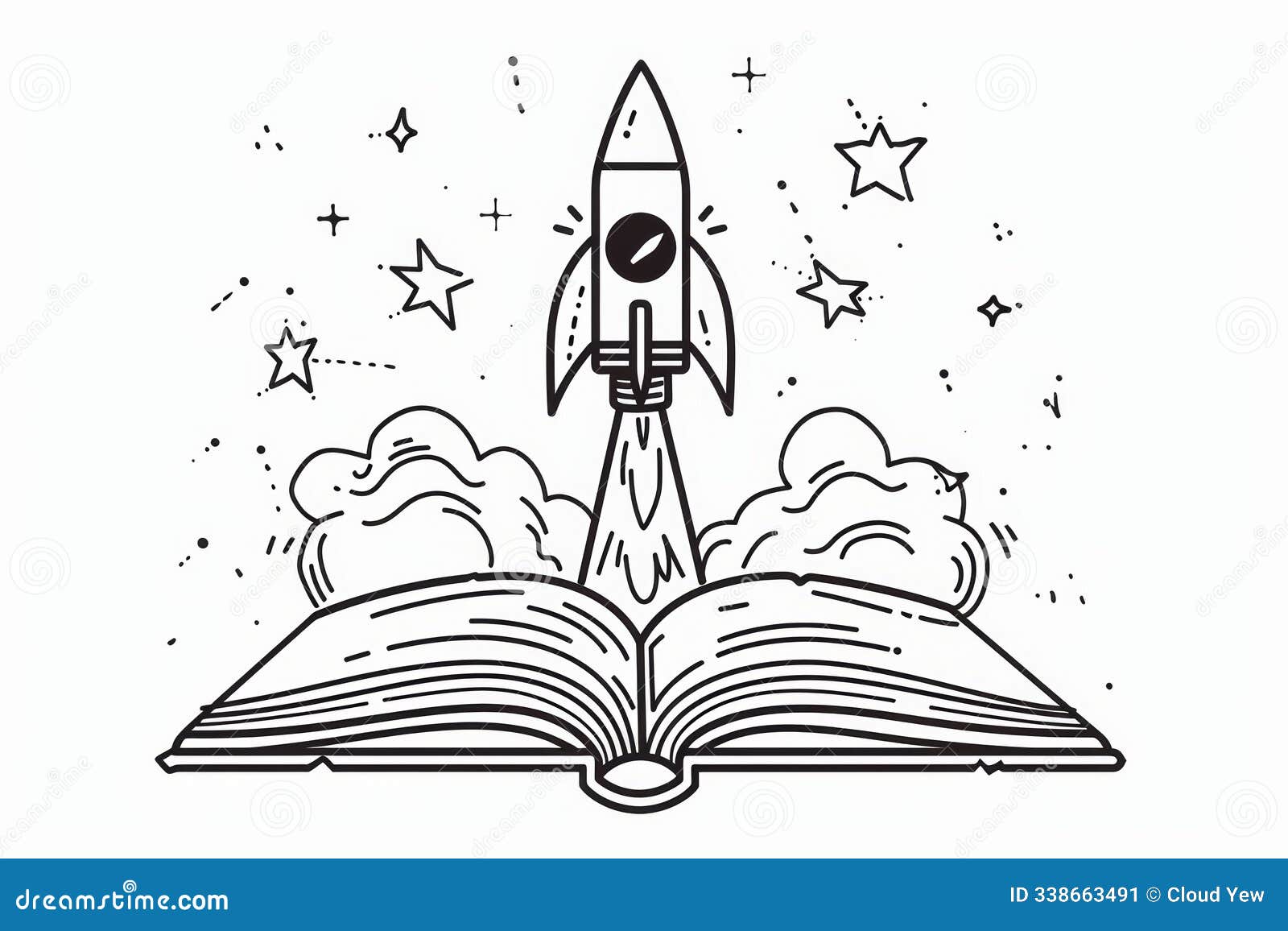 Simple Line Drawing of a Rocket Launching from a Book. Stock ...