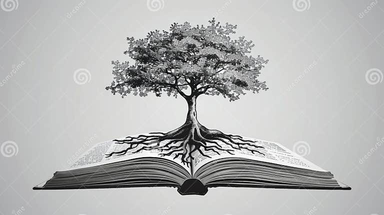 Simple Line Drawing of a Tree with Roots in a Book. Stock Illustration ...
